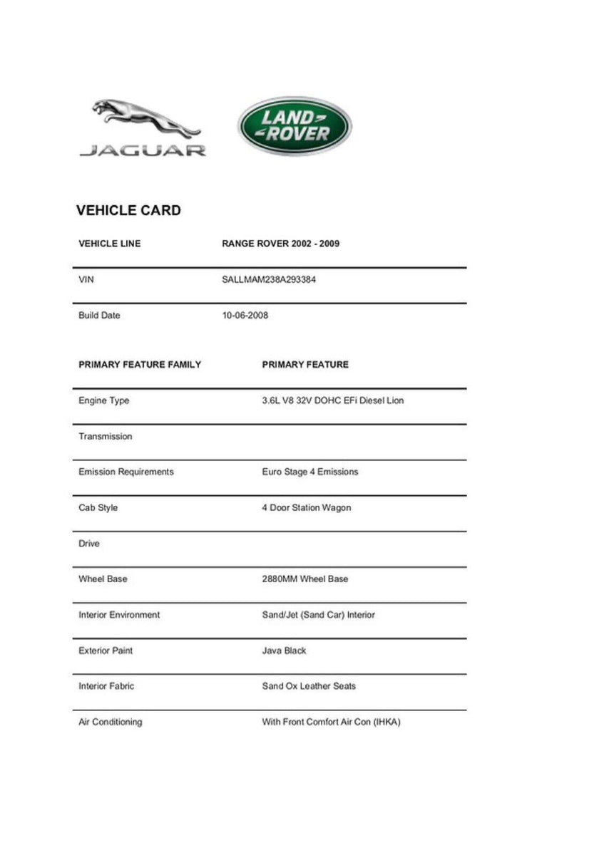 Jaguar Land Rover Original Factory Build Specification Sheet – Genuine ...